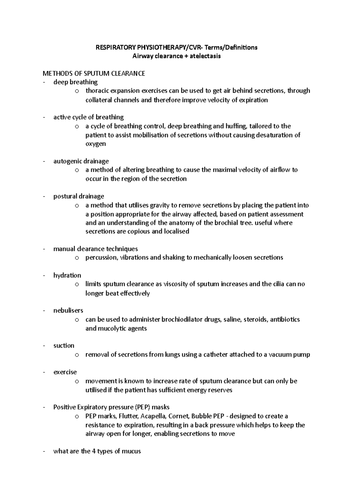 Respiratory Physiotherapy:CVR- Terms:Definitions Airway clearance ...