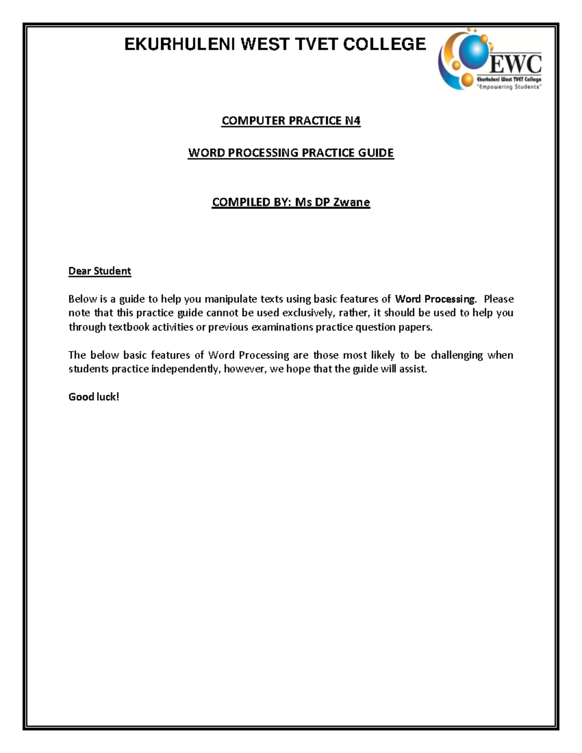 Computer Practice N 4 Word Processing Guide - COMPUTER PRACTICE N WORD ...