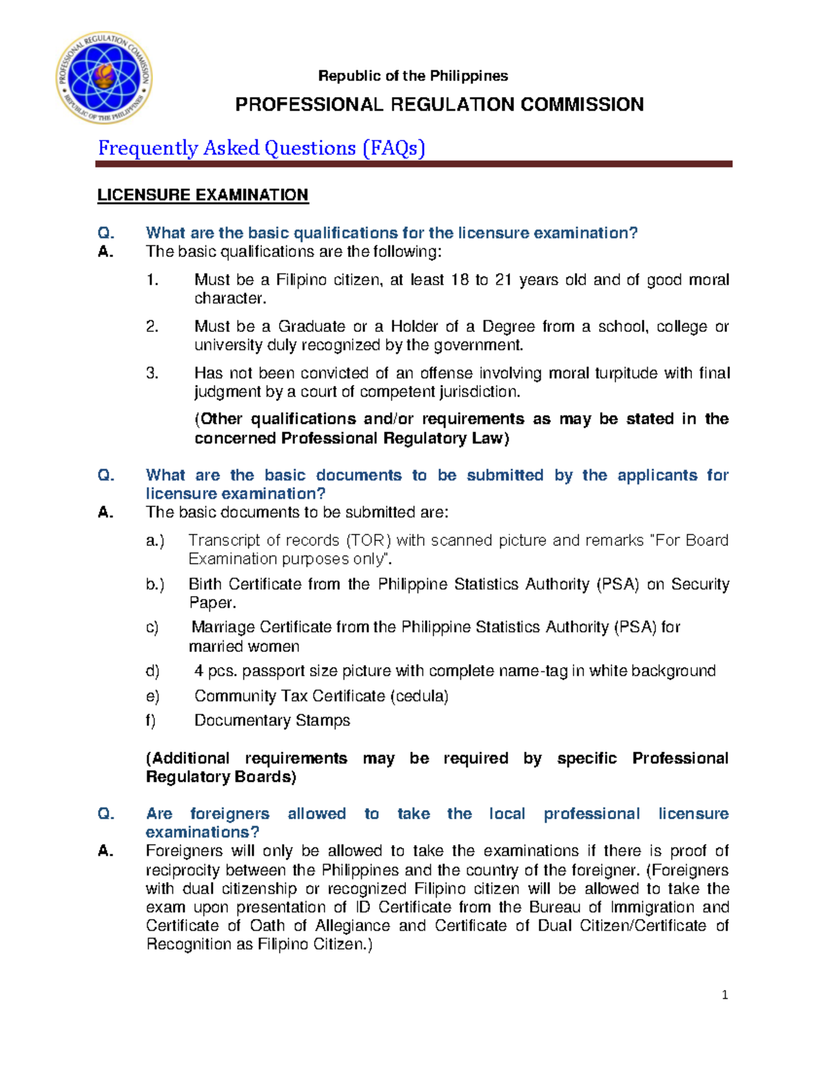 PRC FAQS - PRC FAQS - PROFESSIONAL REGULATION COMMISSION Frequently ...