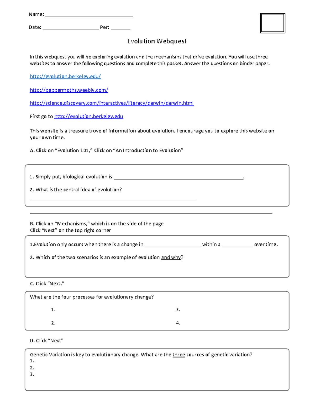 Evolution Webquest - Name: _______________________________ Date: ____________________ Per ...