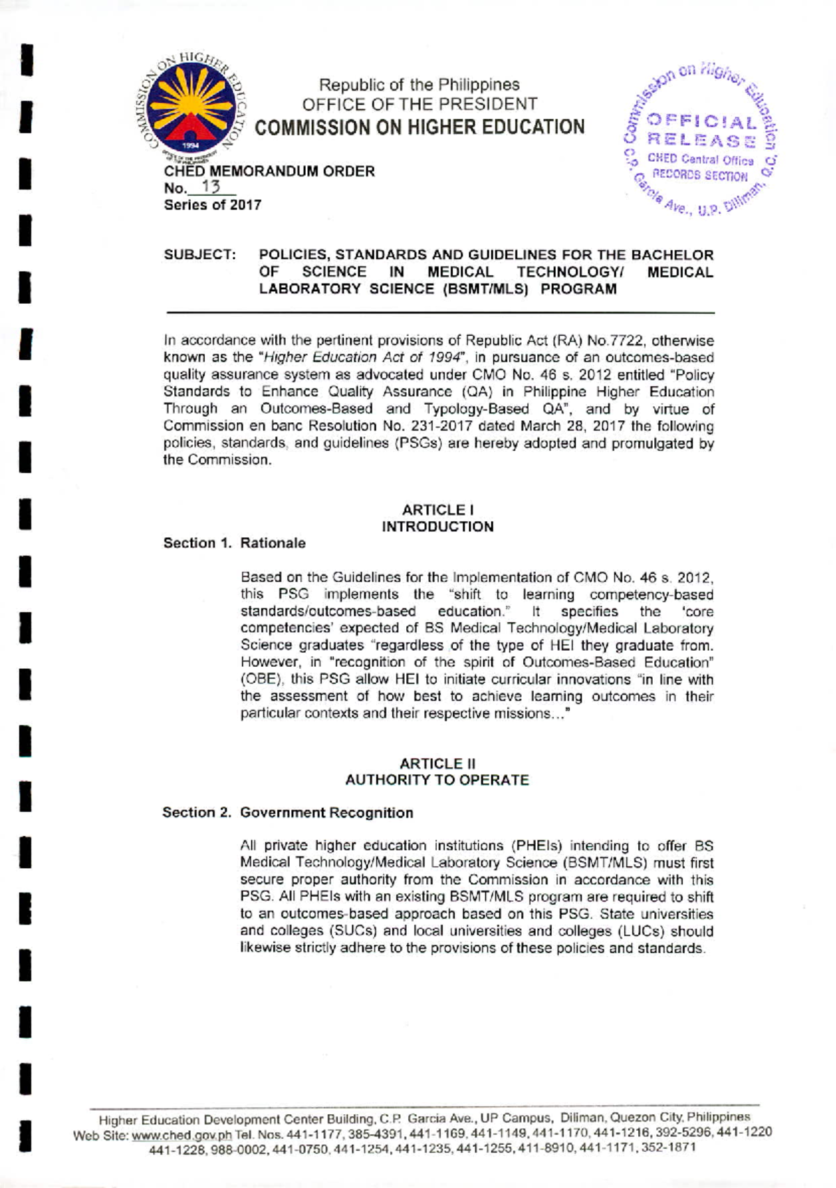 CMO 13 s 2017 - CHED - HIGHER Republic of the Philippines OFFICE OF THE ...