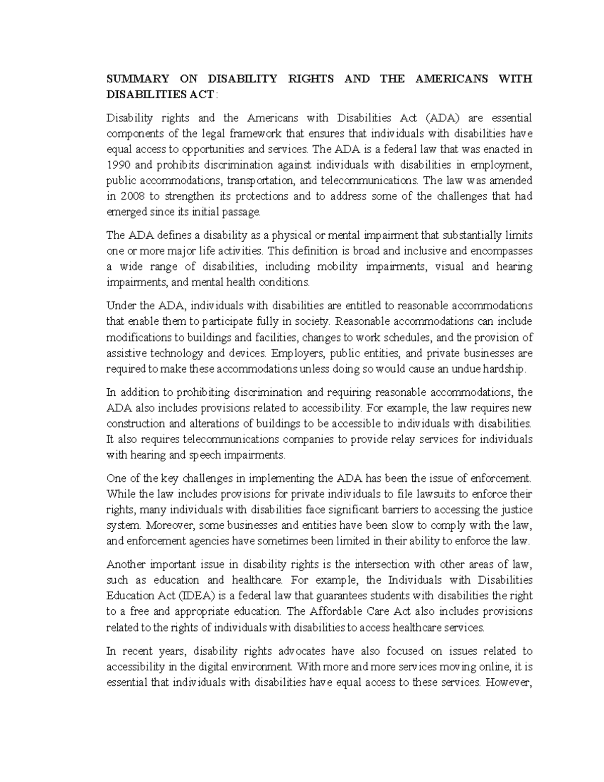 Summary ON Disability Rights AND THE Americans WITH Disabilities ACT ...
