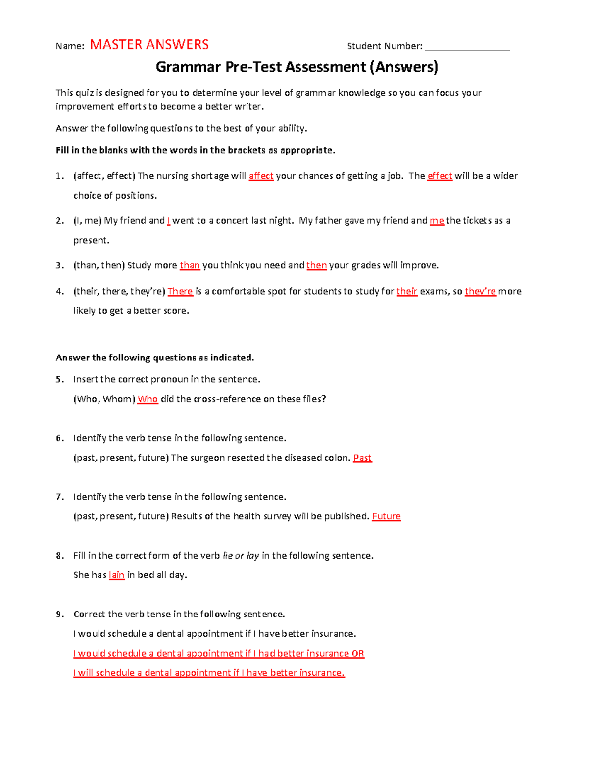 Grammar Pre-Test Answers - Name: MASTER ANSWERS Student Number ...