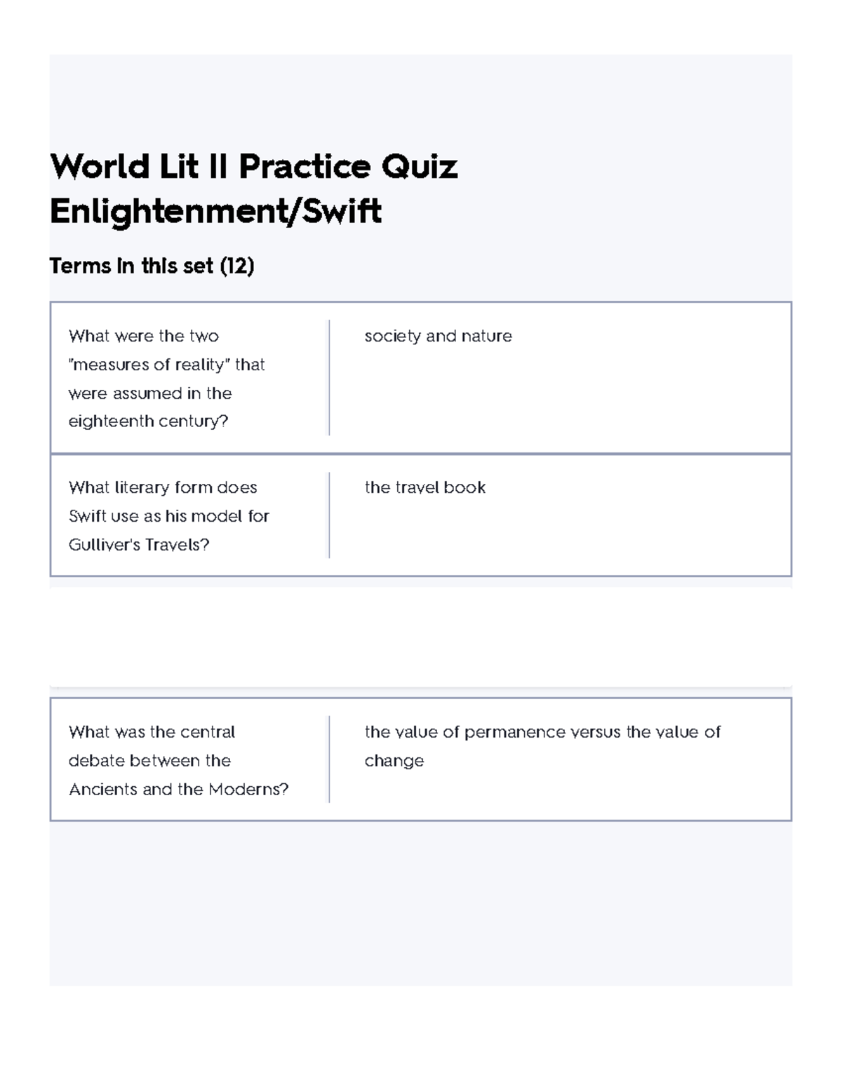 World Lit II Practice Quiz Enlightenment-Swift Flashcards Quizlet - World Lit II Practice Quiz ...