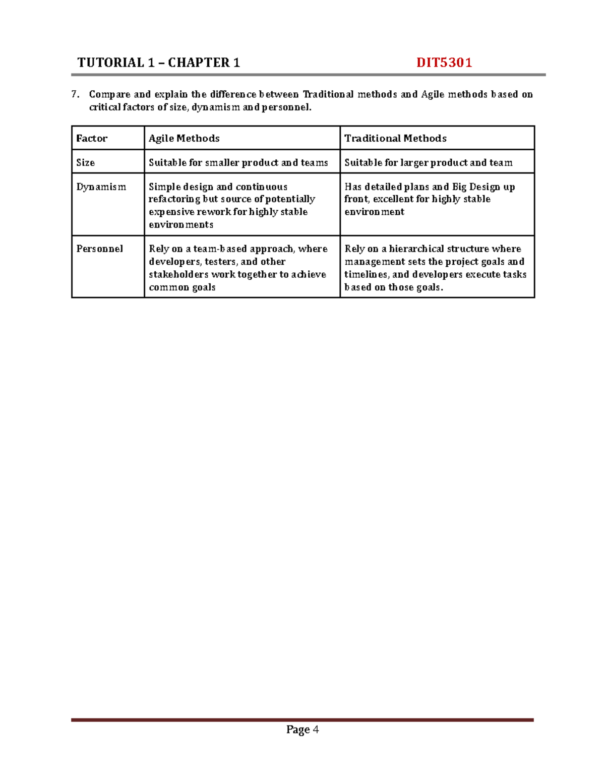 SAD tutorial 1 Q7 - TUTORIAL 1 – CHAPTER 1 DIT Compare and explain the difference between - Studocu