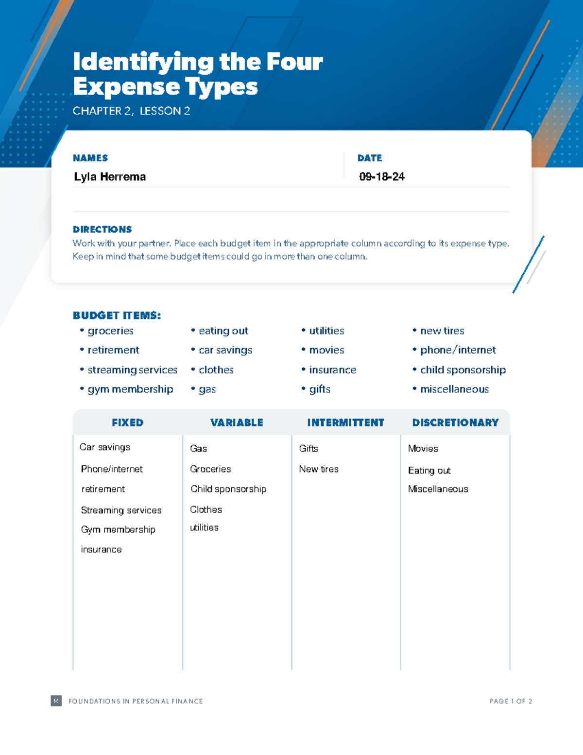 Budgeting 2 - Chapter 2 lesson 2 financial lit - Identifying the Four ...