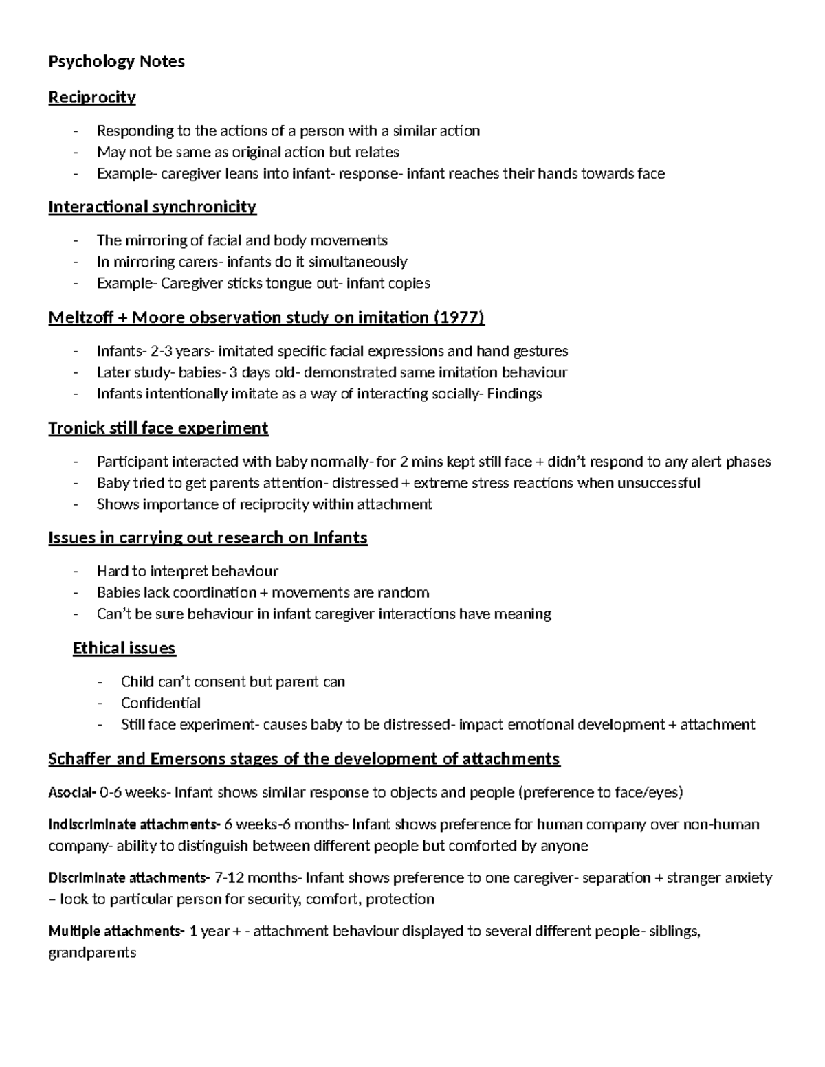 Phsychology attachment notes - Psychology Notes Reciprocity ...