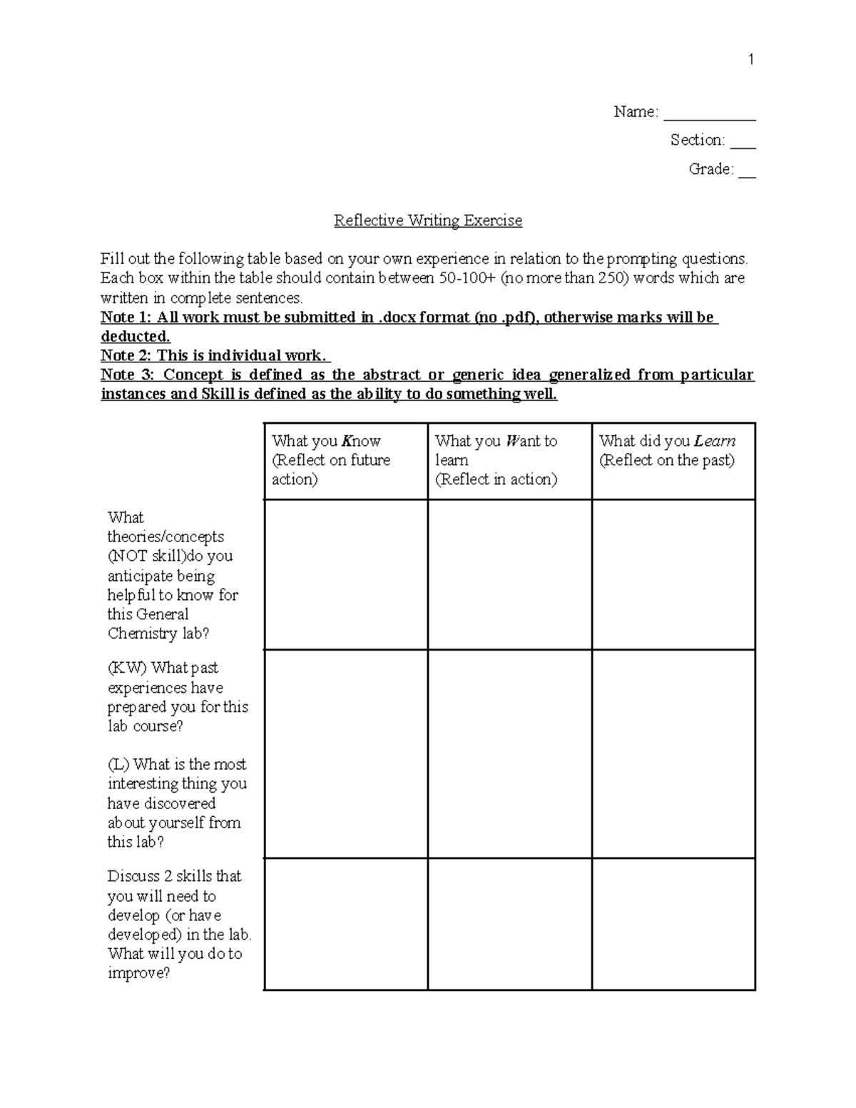 Reflective Writing - template for students - 1 Name ...