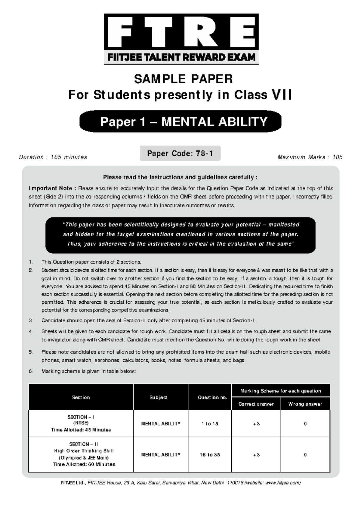 FTRE-2024 - FTRE EXAM - Paper 1 – MENTAL ABILITY SAMPLE PAPER For ...