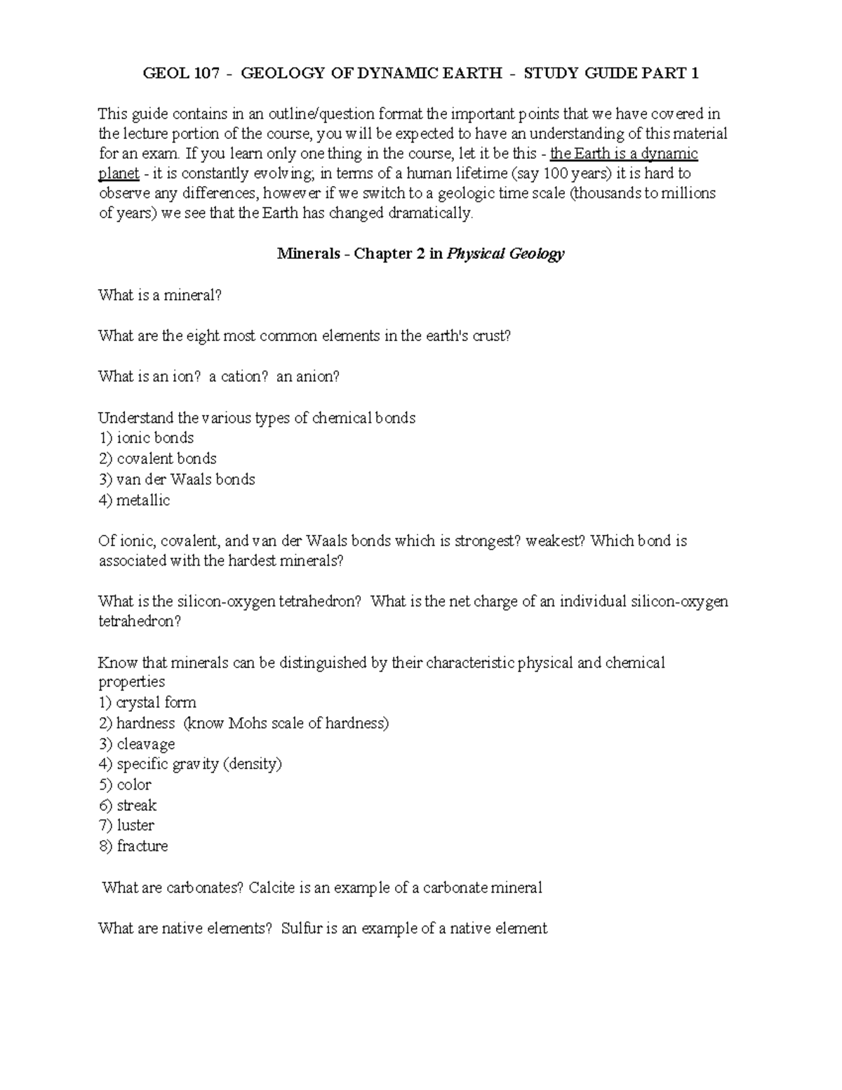 Exam #1 Study Guide - GEOL 107 - GEOLOGY OF DYNAMIC EARTH - STUDY GUIDE PART 1 This guide ...