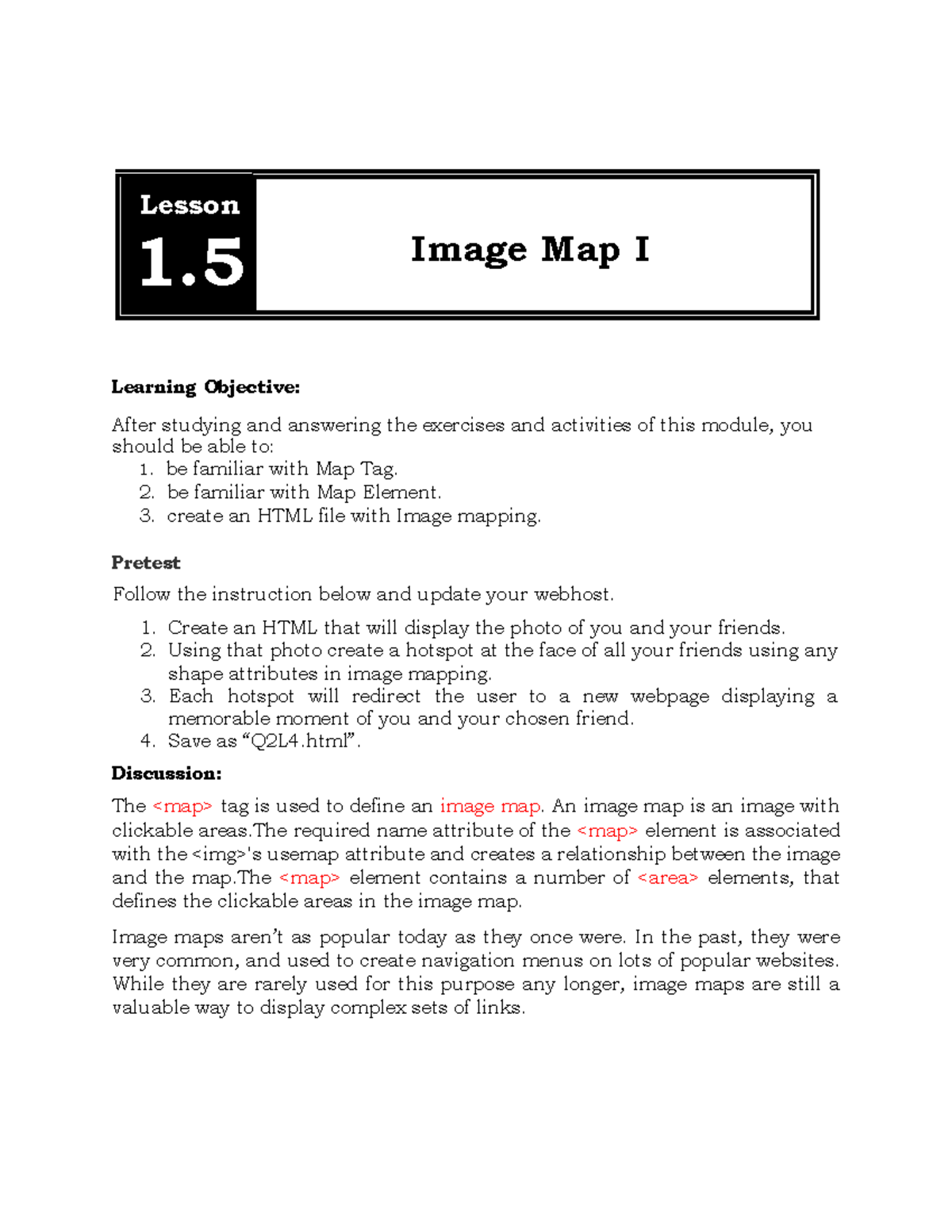 Module 1-5 - HTML Learning Materials - Lesson 1. 5 Image Map I Learning Objective: After ...