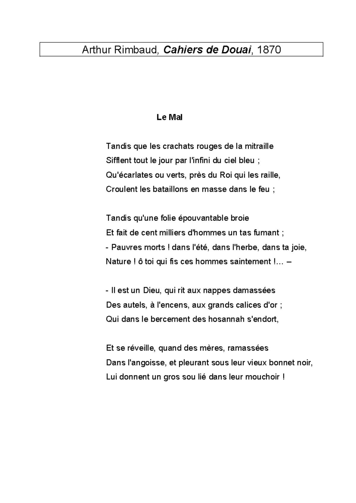7-Le Mal Rimbaud - Fiche pour le Bac - Arthur Rimbaud, Cahiers de Douai ...