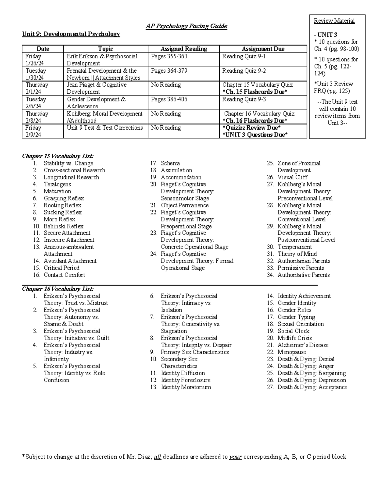 Unit 9 Pacing Guide - *Subject to change at the discretion of Mr. Diaz ...