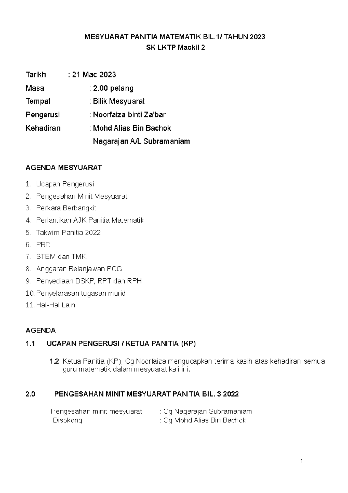 Minit Mesyuarat Panitia Matematik BIL 1 2022 - 1 MESYUARAT PANITIA ...