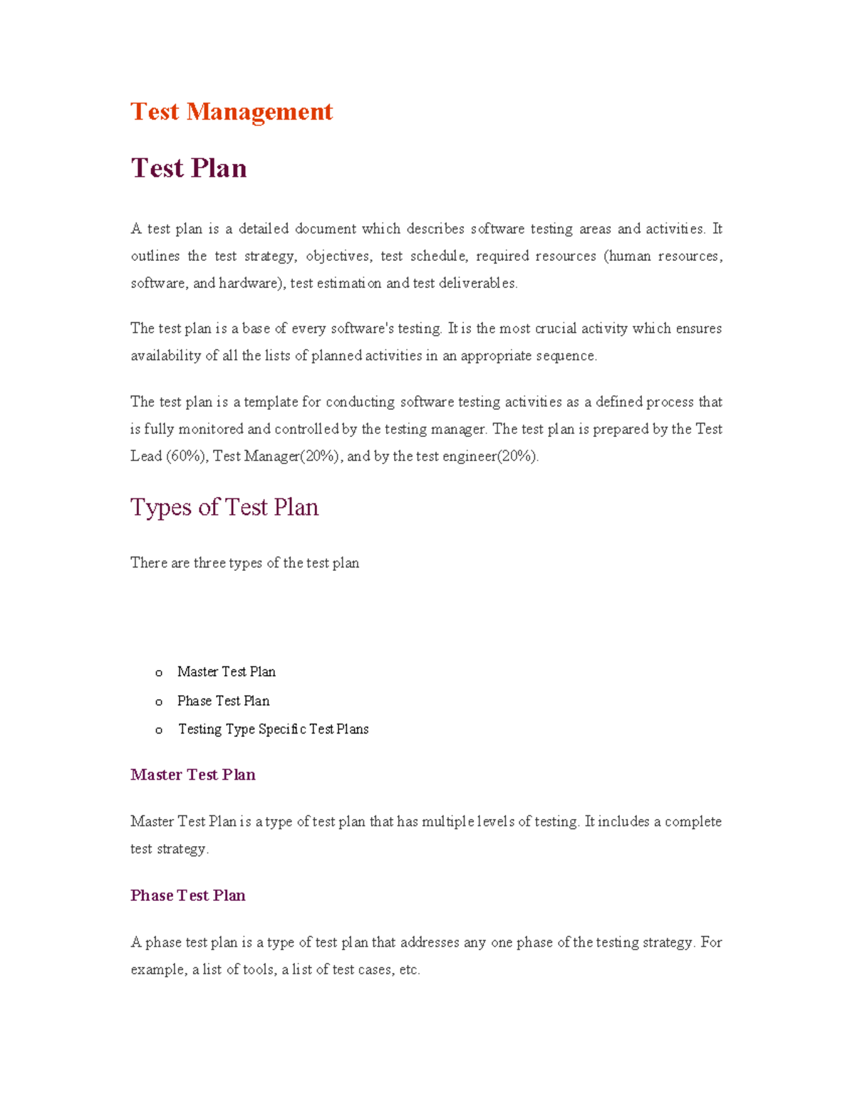 Test management - Test Management Test Plan A test plan is a detailed ...