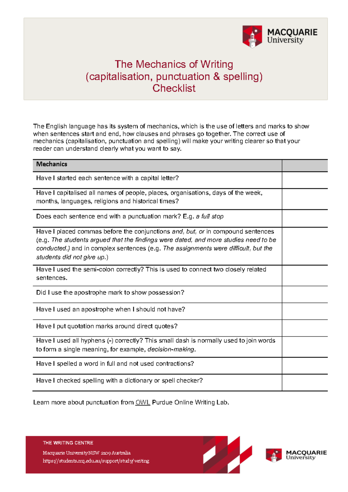 The Mechanics of Writing Checklist - THE WRITING CENTRE Macquarie ...