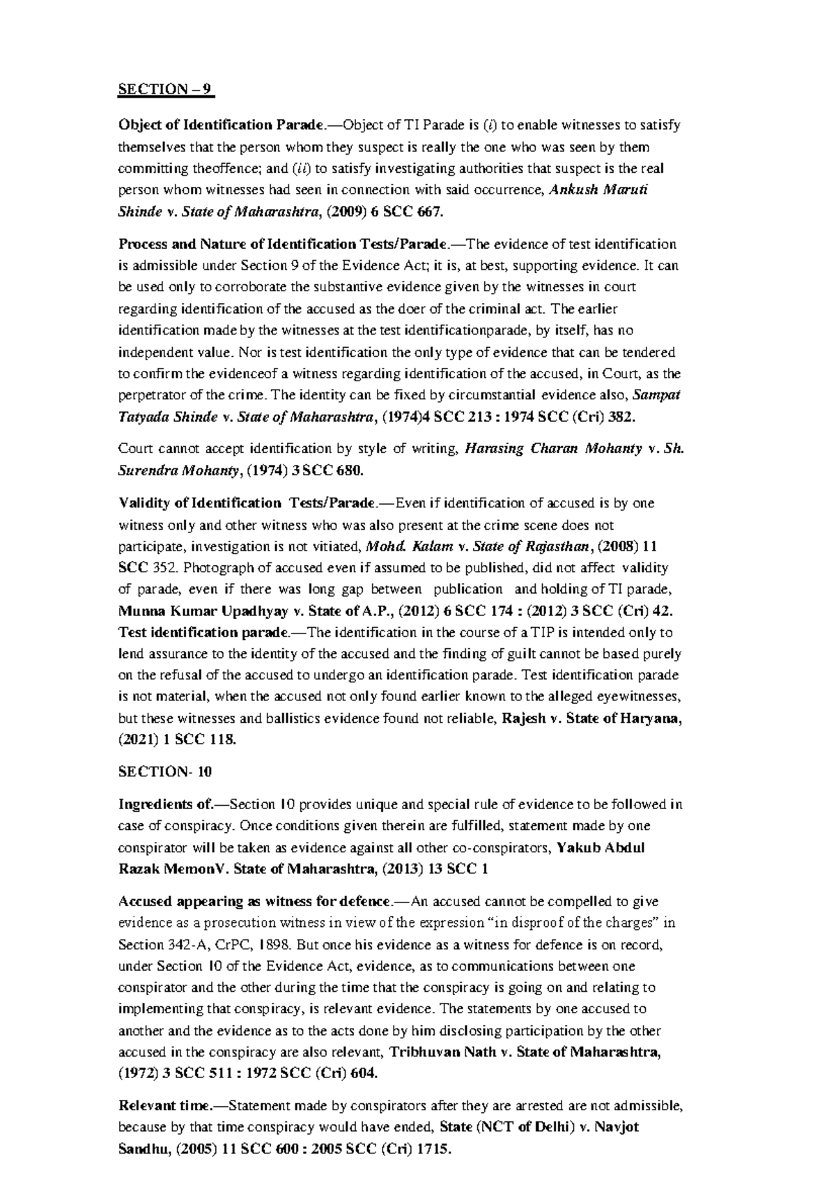 Section 9 TO 16 of evidence act - SECTION – 9 Object of Identification ...