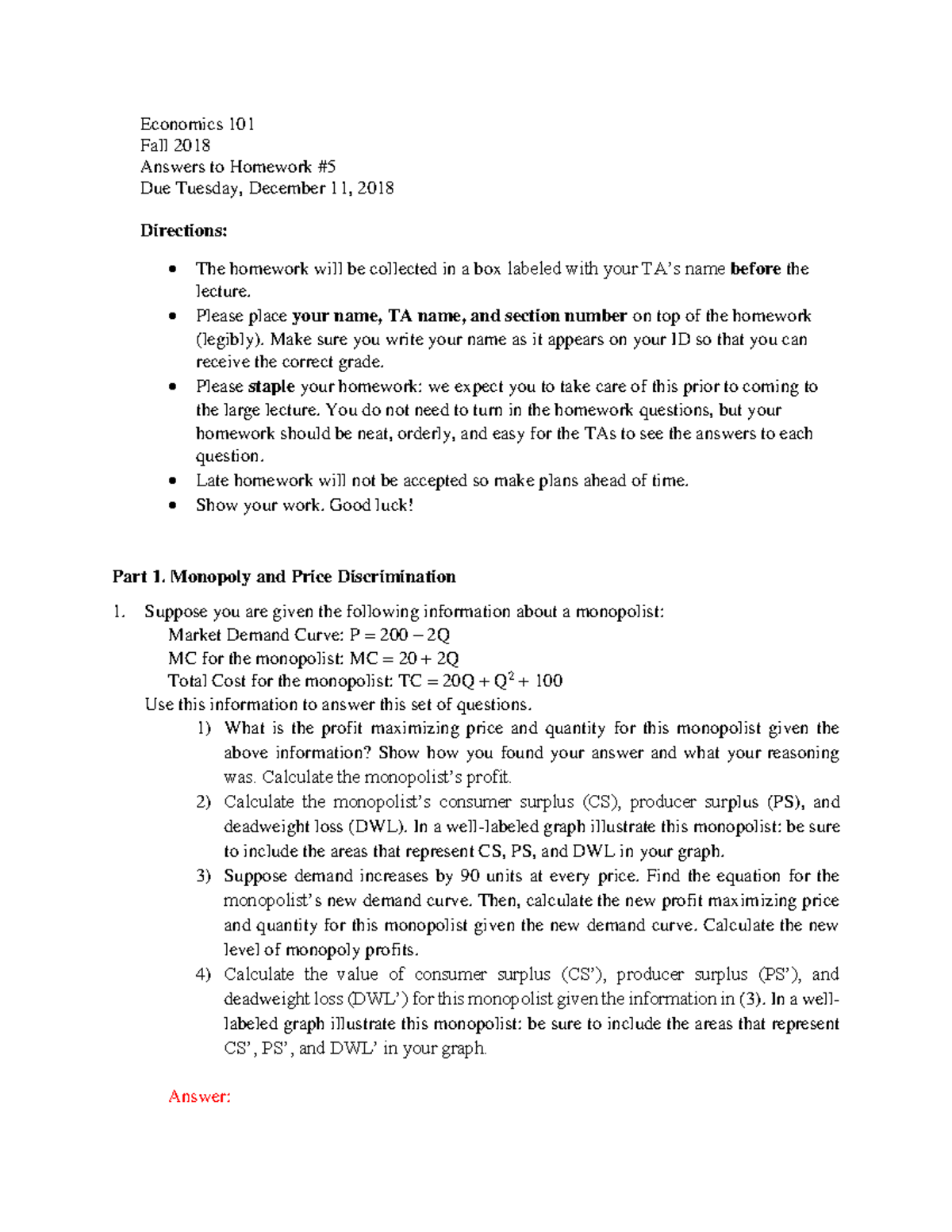 Answerstohomework 5fall2018 - Economics 101 Fall 2018 Answers to ...