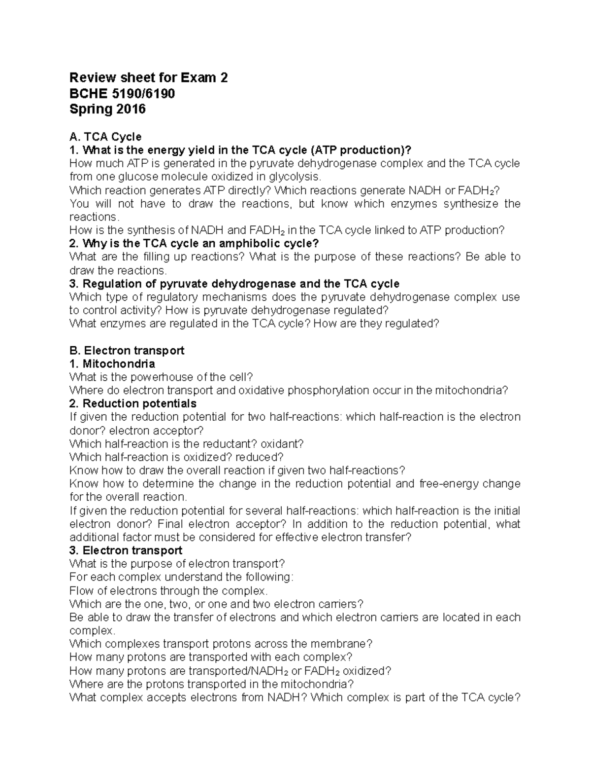 Review sheet for Exam 2-S2016 - Review sheet for Exam 2 BCHE Spring ...