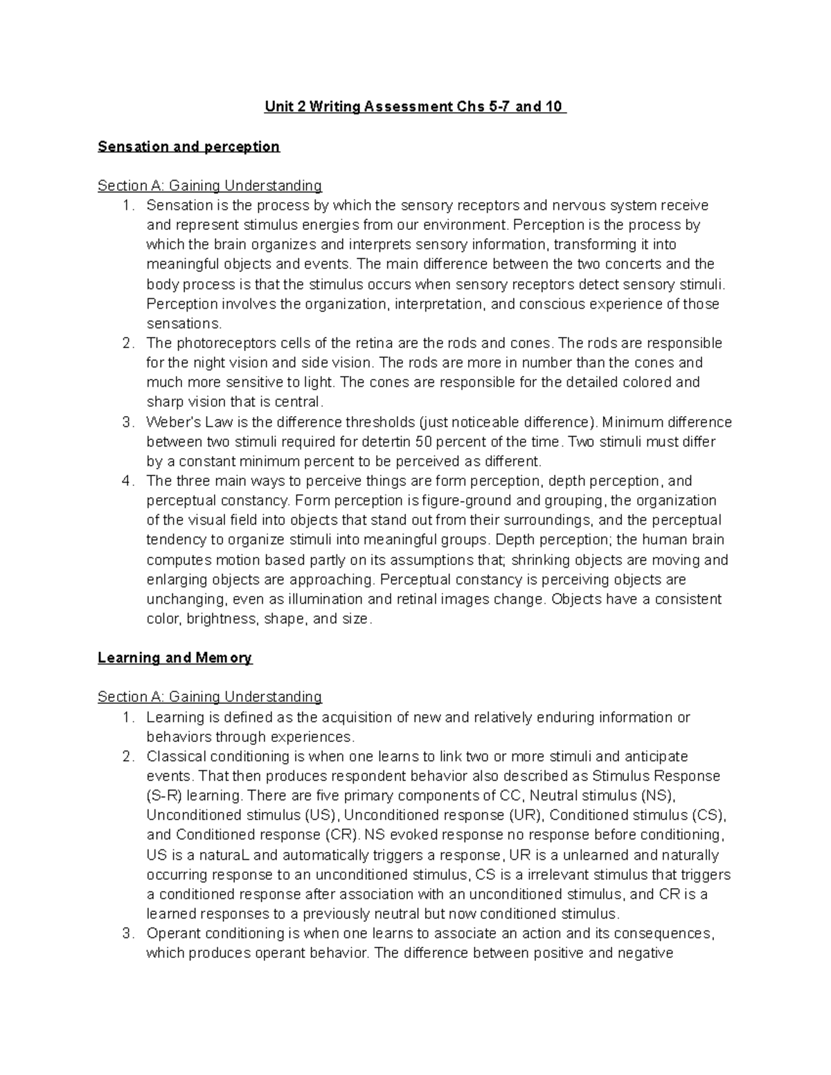 Unit 2 Writing Assessment Chs 5-7 and 10 - Sensation is the process by ...