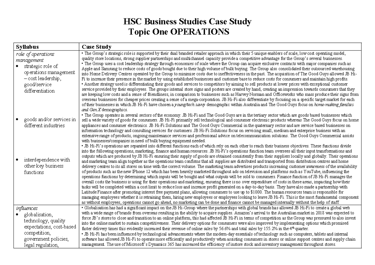 Operations Task - HSC Business Studies Case Study Topic One OPERATIONS ...
