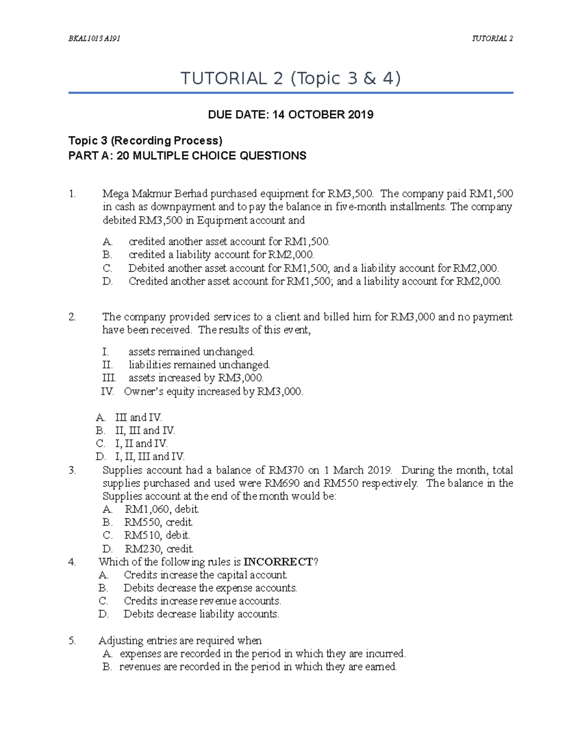 A191 Tutorial 2 - business accounting - TUTORIAL 2 (Topic 3 & 4) DUE ...