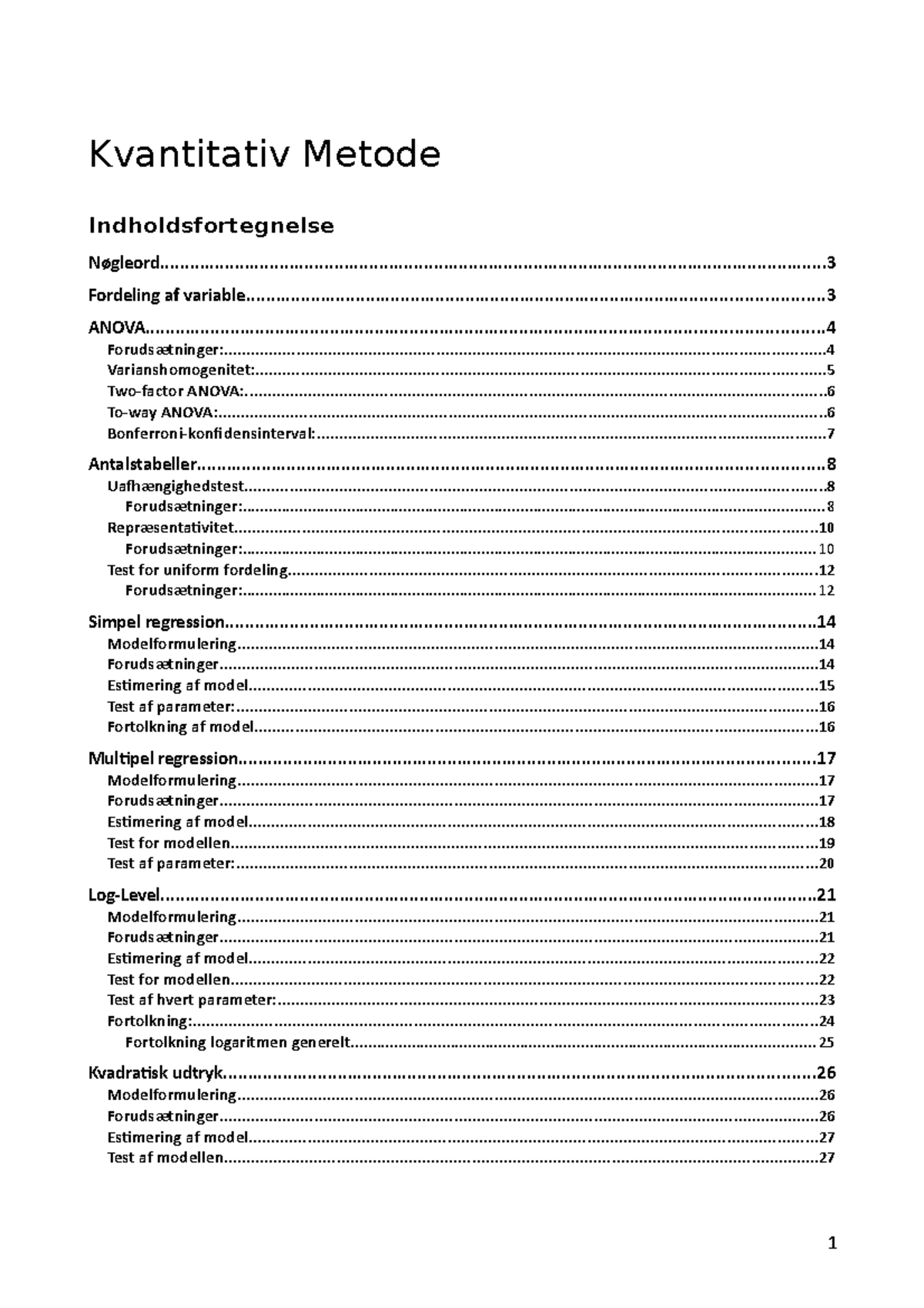 Kvantitativ Metode noter - Kvantitativ Metode Indholdsfortegnelse - Studocu