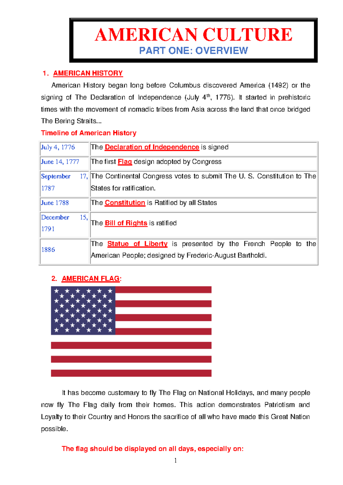 Amrican Culture Overview - 1. AMERICAN HISTORY American History began ...