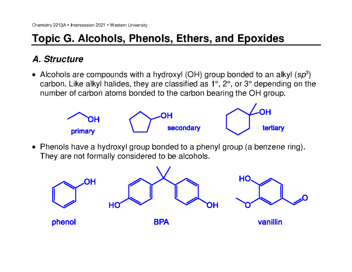 Topic G - Alcohols Phenols Ethers Epoxides - Chemistry 2213A ...