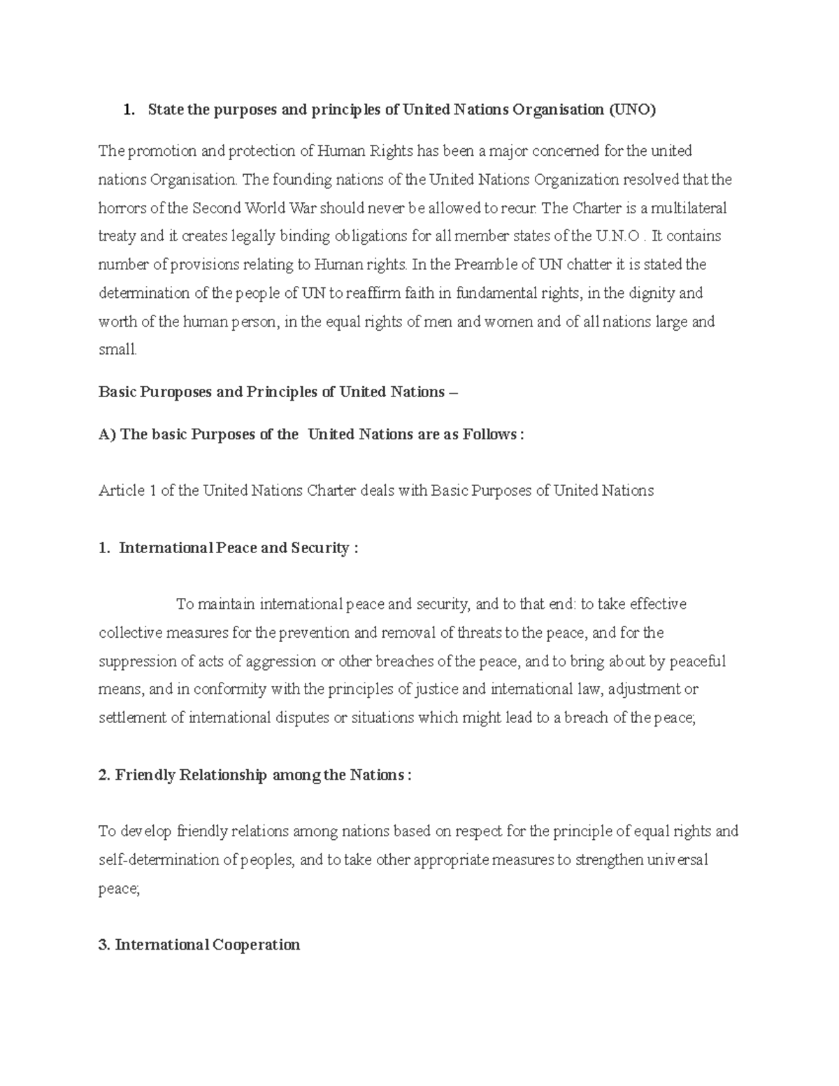 State the purposes and principles of United Nations Organisation ...