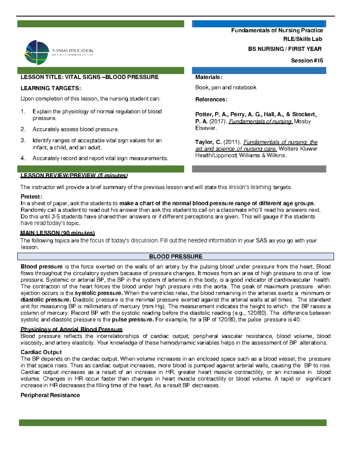 Vital Signs AND Blood Pressure - LESSON REVIEW/PREVIEW (5 minutes) The ...