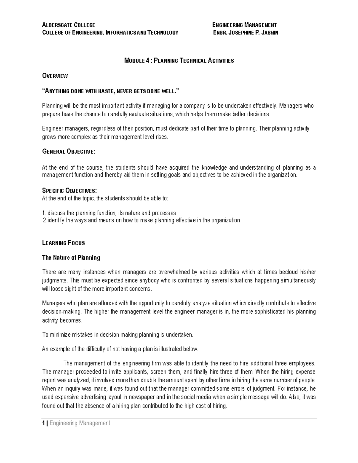 Module 4 Planning as a Management Function - COLLEGE OF ENGINEERING ...