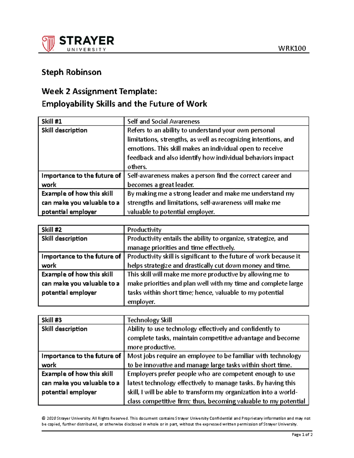Work 100 Week 2 assignment - WRK Steph Robinson Week 2 Assignment Template: Employability Skills ...