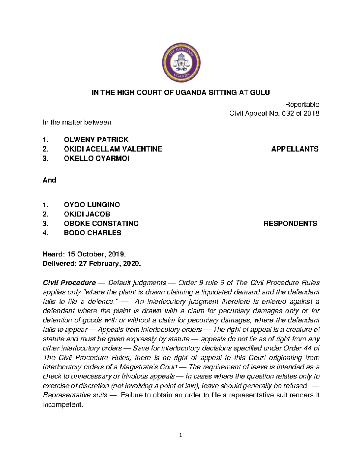 Case on Interlocutory Judgments - IN THE HIGH COURT OF UGANDA SITTING ...