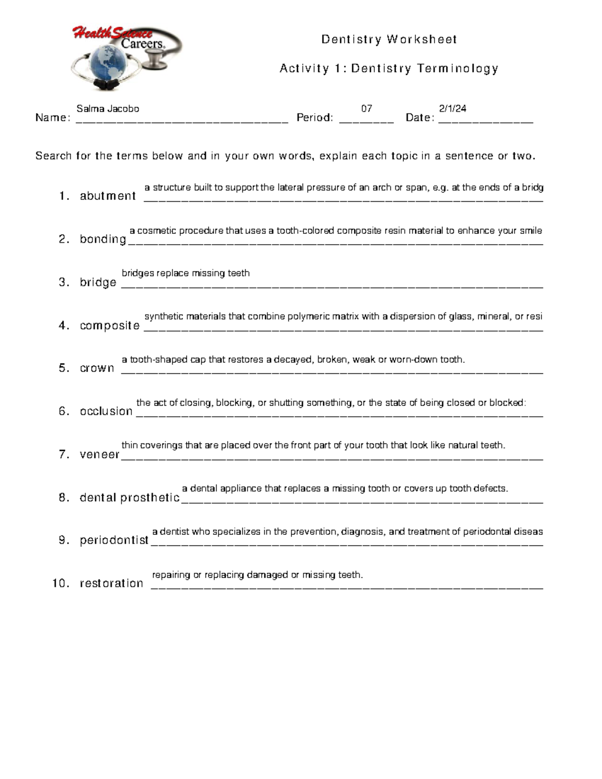 Vocab day 1 - try to do your work. - Dentistry Worksheet Activity 1 ...