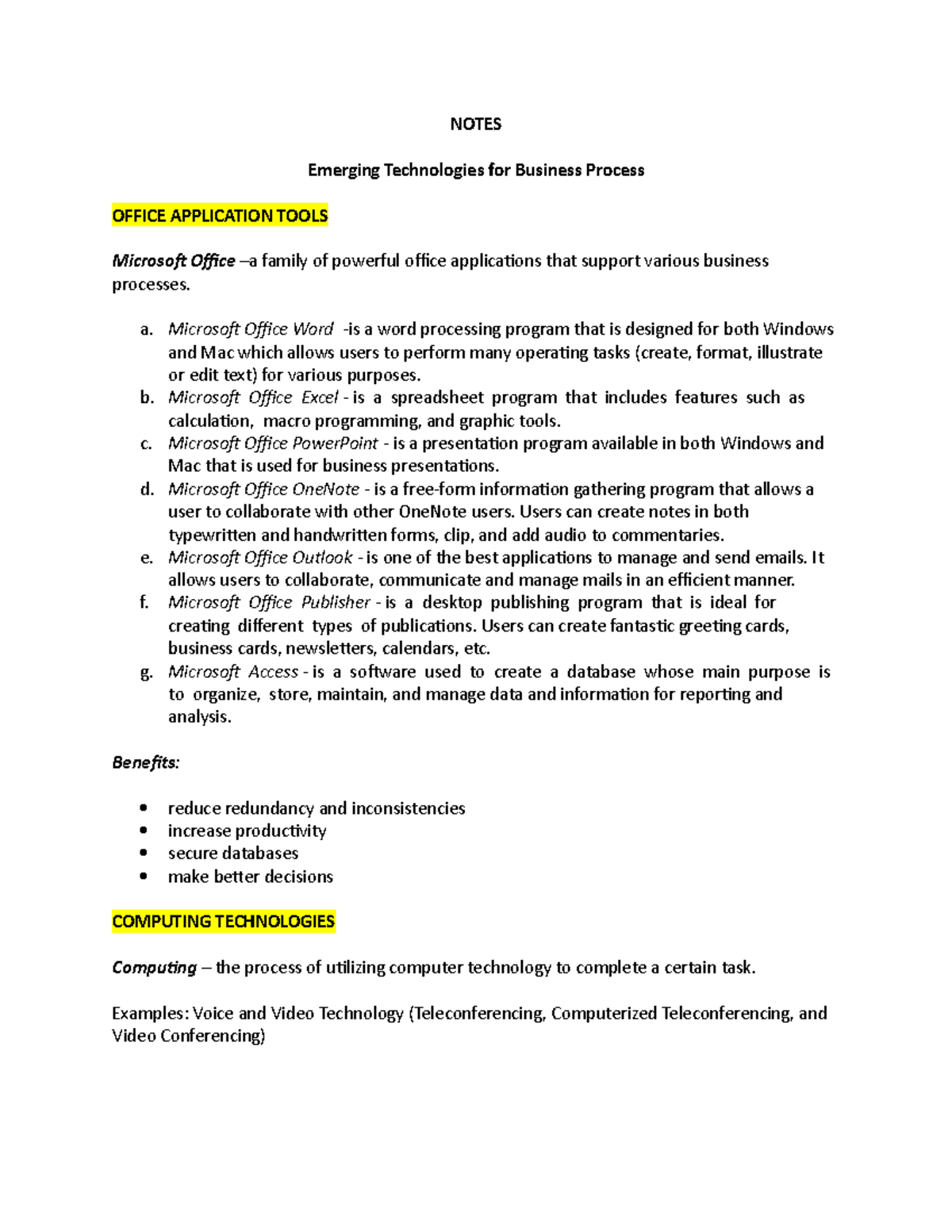 Emerging Technologies for Business Process Notes - NOTES Emerging ...