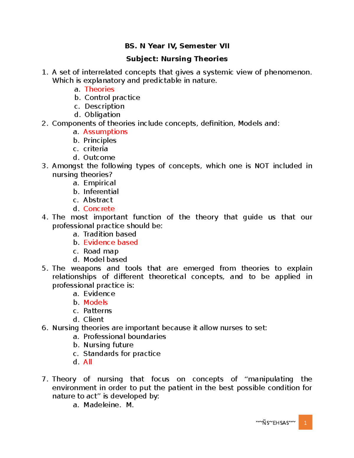 N.Theory- Solve MCQs - Bsn - BS. N Year IV, Semester VII Subject ...