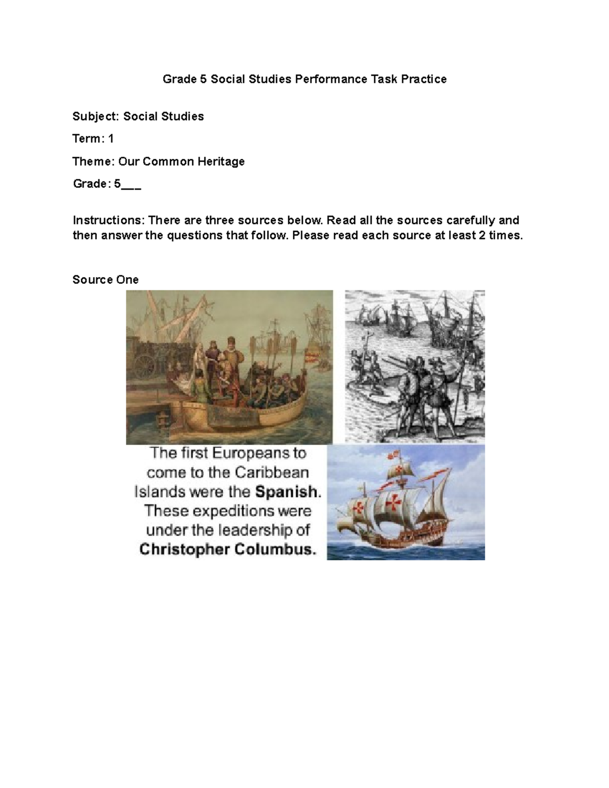 Grade 5 Social Studies Performance Task - Read all the sources ...