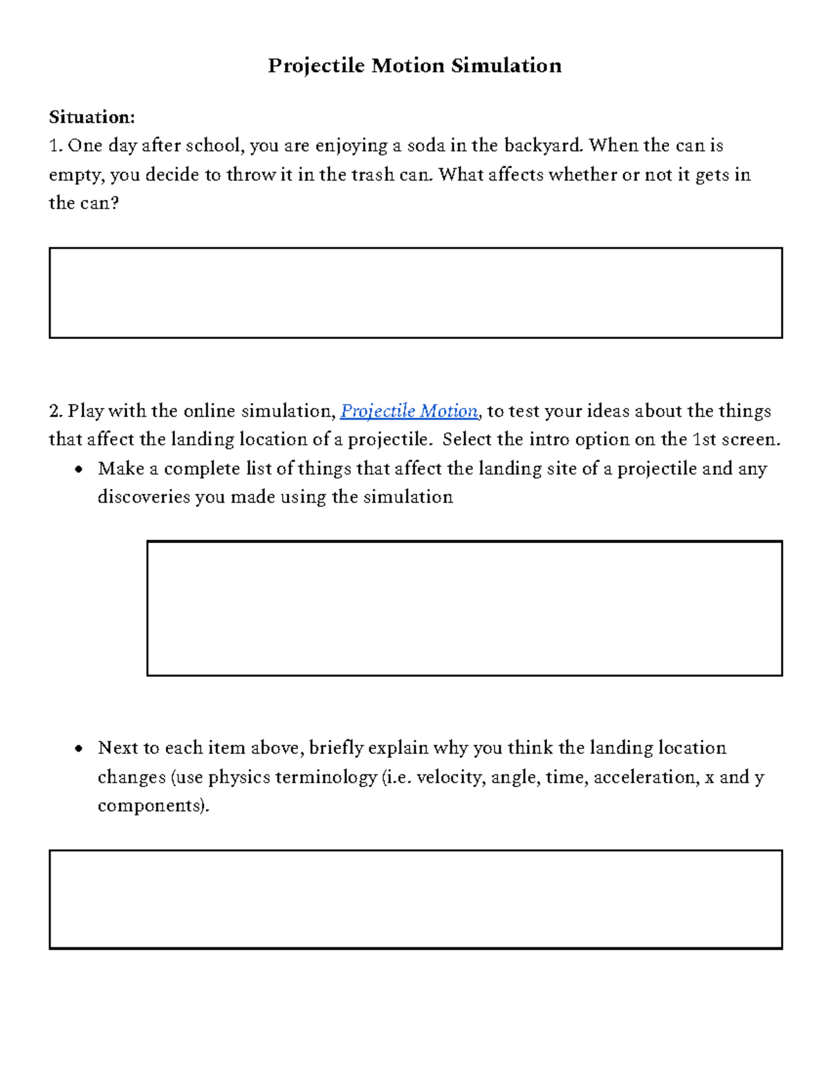 Projectile Motion Lab PHET activity - Projectile Motion Simulation ...