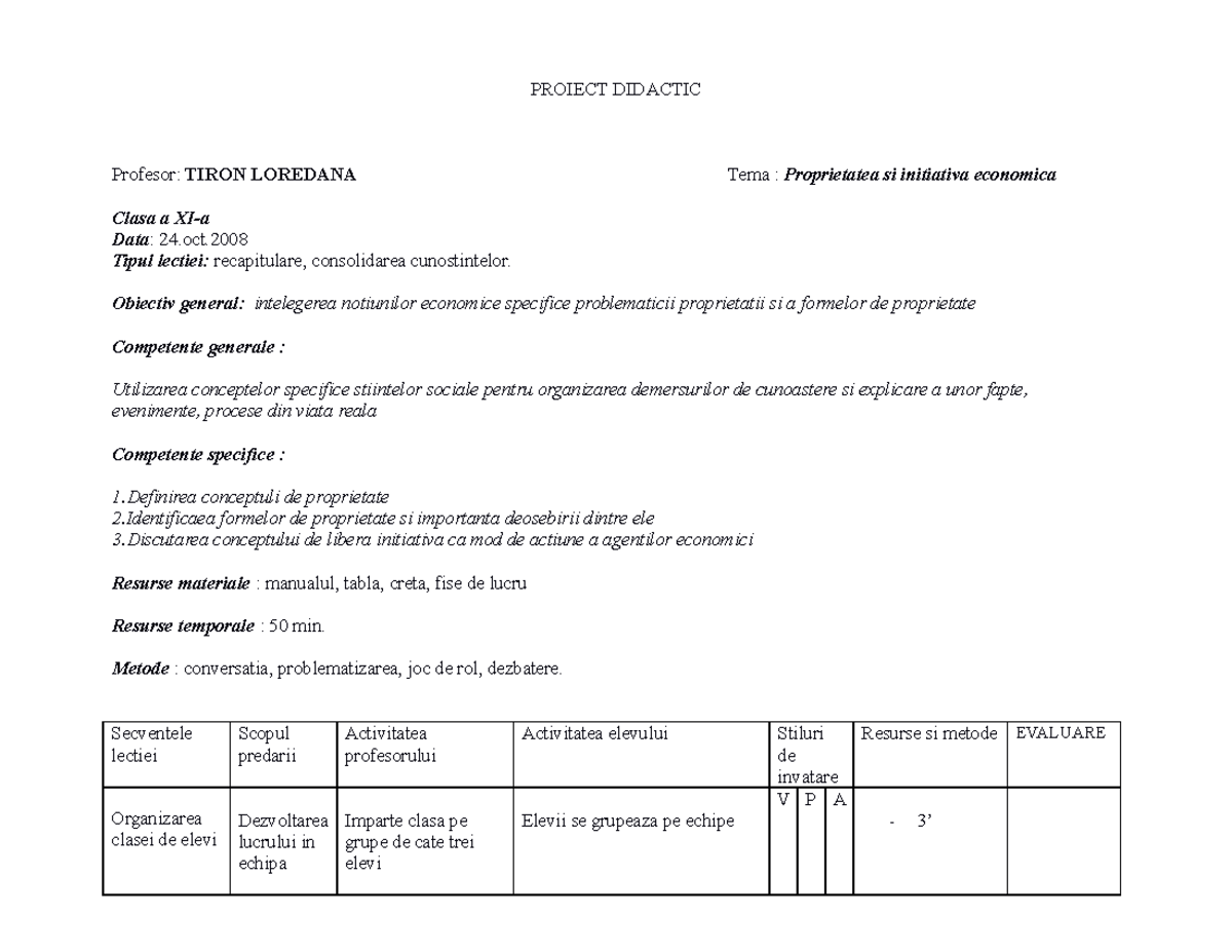 81615081-proprietatea-proiect - PROIECT DIDACTIC Profesor: TIRON LOREDANA Tema : Proprietatea si ...
