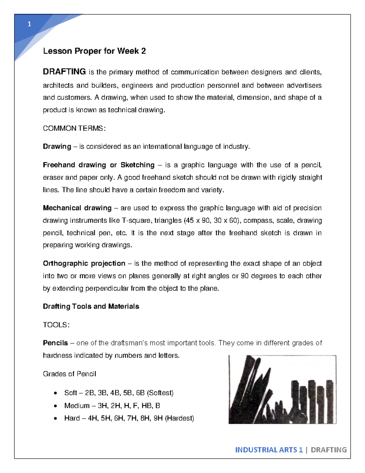 Indutrial-ARTS1 WEEK2 - 1 INDUSTRIAL ARTS 1 | DRAFTING Lesson Proper ...