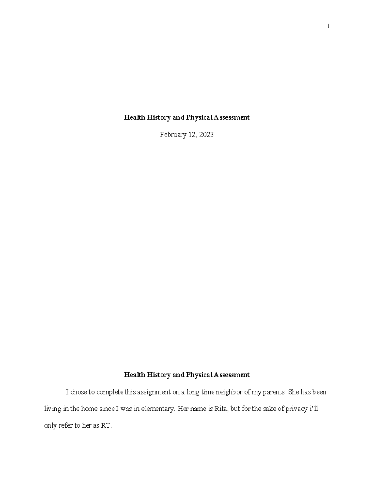 APA Paper Template - Health History and Physical Assessment February 12 ...