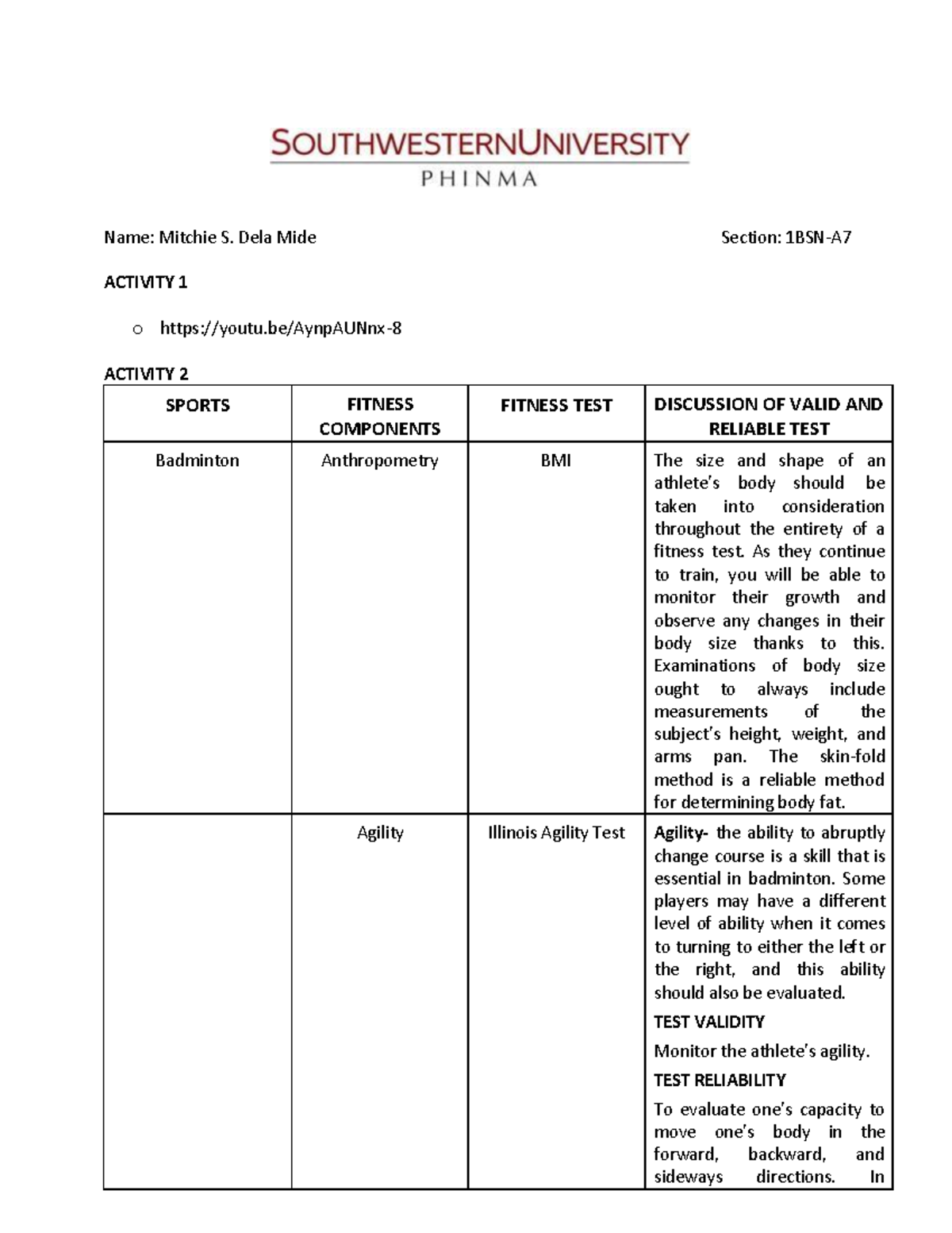 PED 026 Module 1 - Assignment - Name: Mitchie S. Dela Mide Section: 1BSN-A ACTIVITY 1 o - Studocu