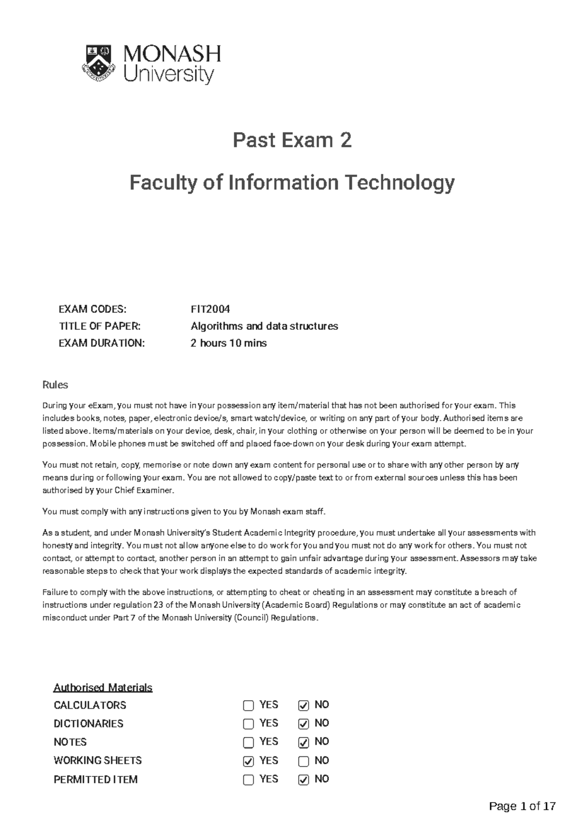 Pastexam 2 - EXAM CODES: FIT TITLE OF PAPER: Algorithms and data ...