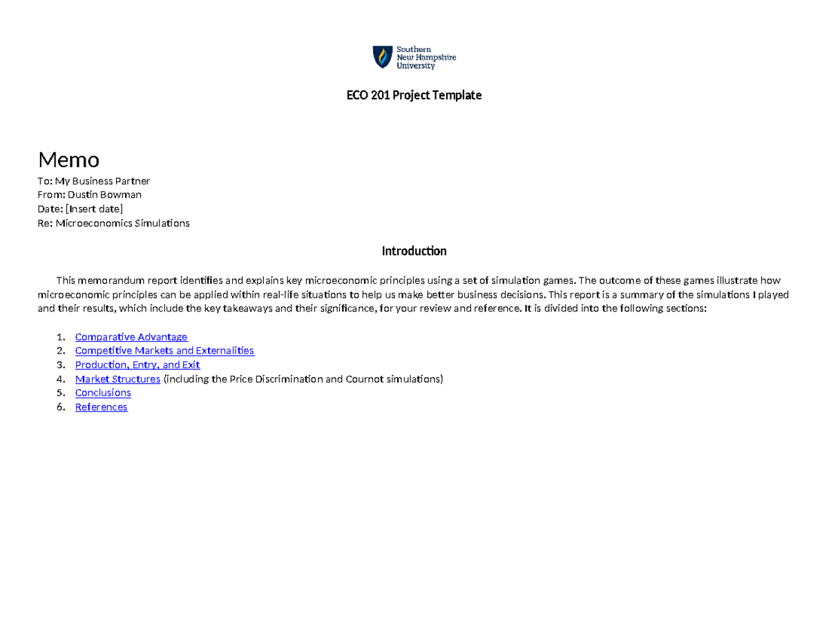 ECO 201 Project Template - ECO 201 Project Template Memo To: My ...