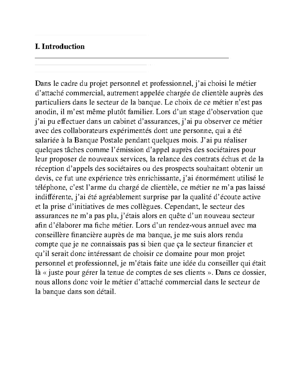 Dossier sur le métier de conseiller commercial - I. Introduction Dans ...