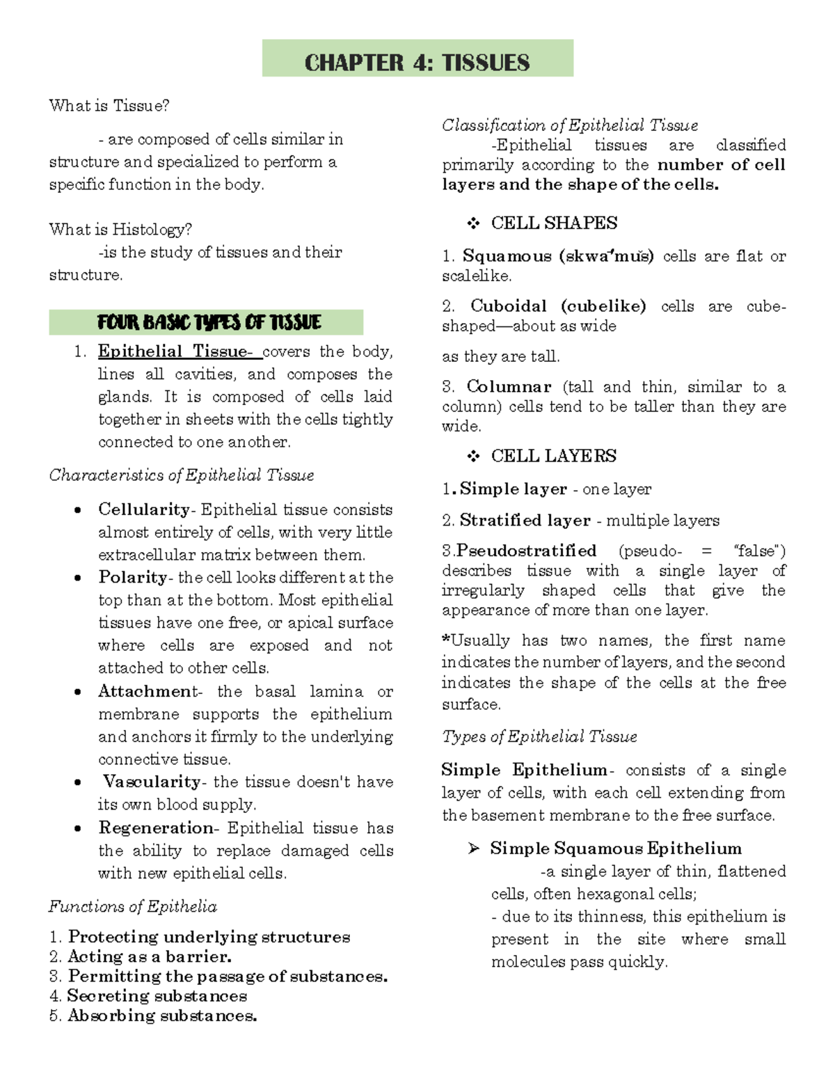 Chapter 4 Tissues - Study hard. - CHAPTER 4: TISSUES What is Tissue ...