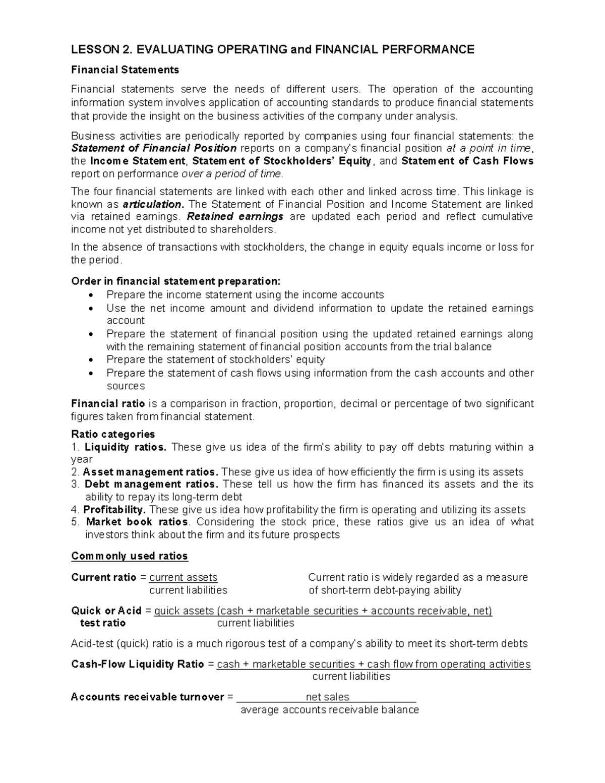 Lesson 2 FM - Financial Management - LESSON 2. EVALUATING OPERATING and ...