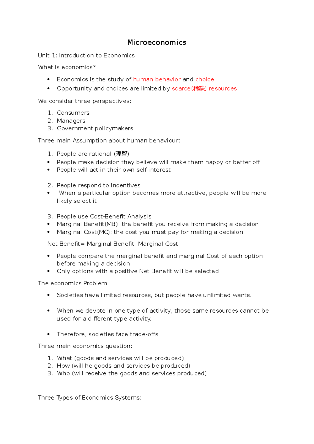 Microeconomics unit 1-4 Chapter notes - Microeconomics Unit 1 ...