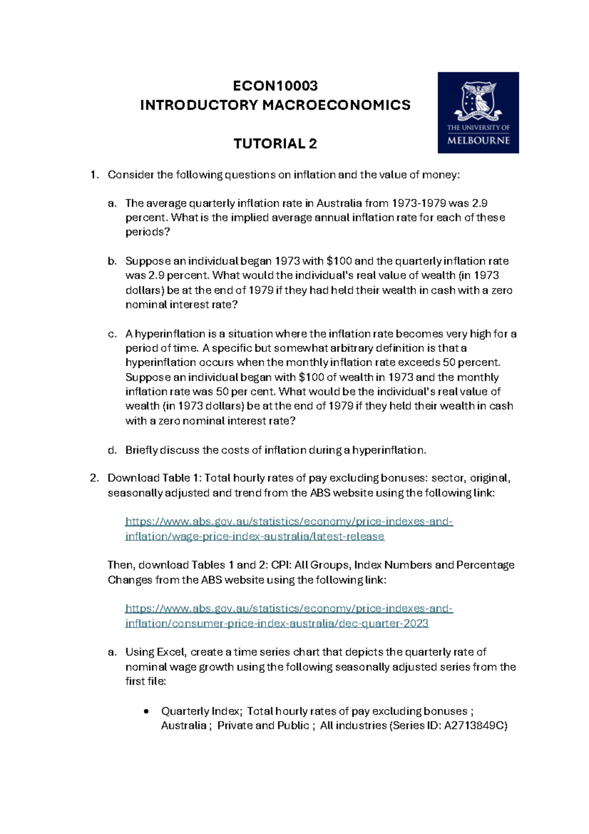 Tutorial 2-questions - Consider the following questions on inflation ...